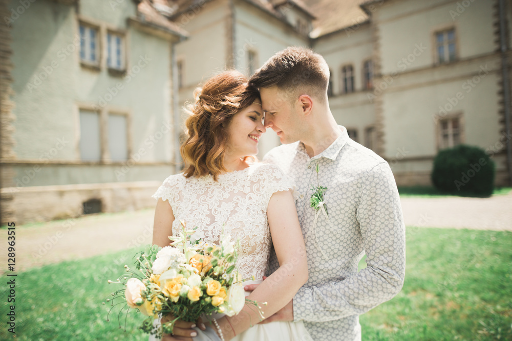 Happy wedding couple hugging and smiling each other on background old ...