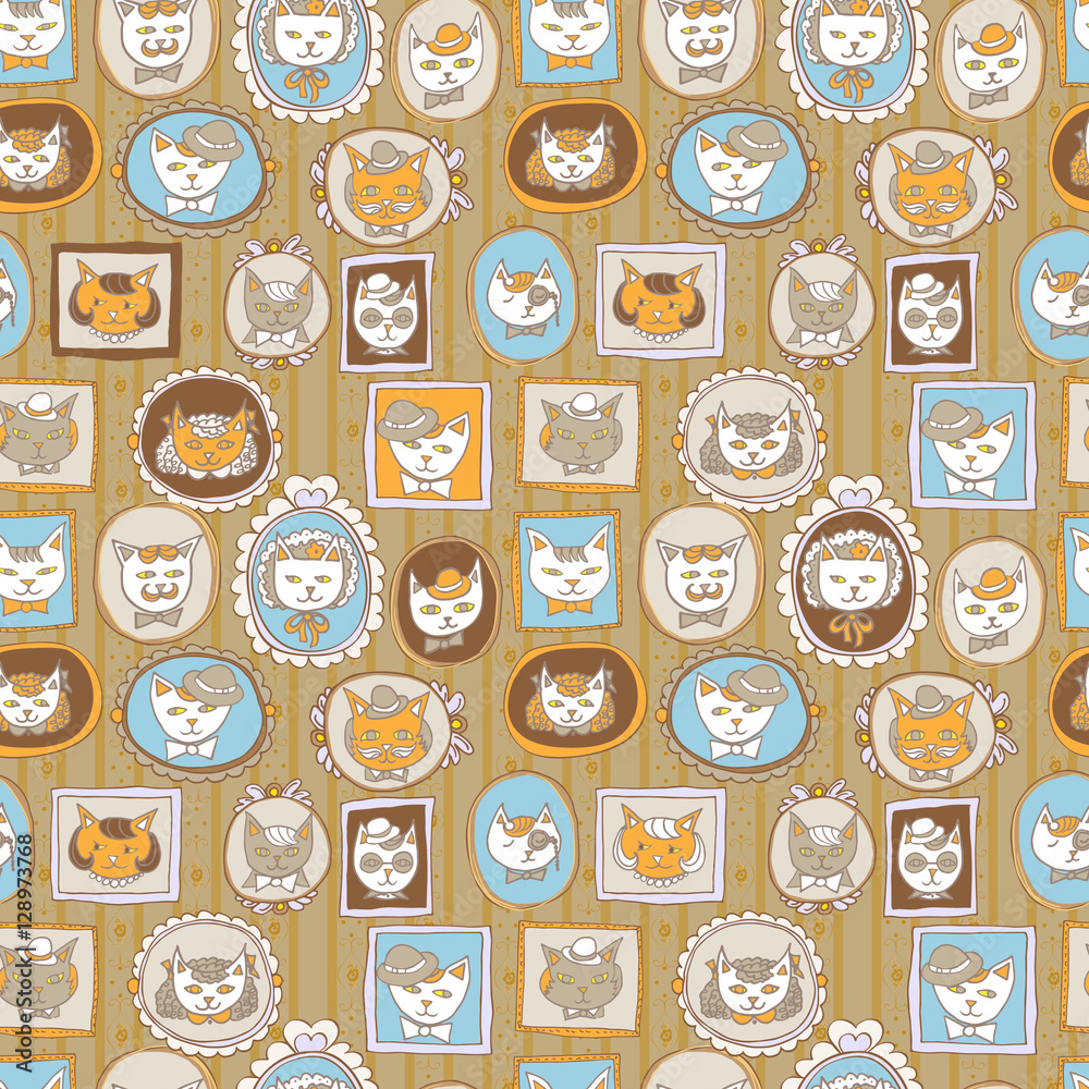 cute cats retro portraits seamless pattern. vintage vector pets ...