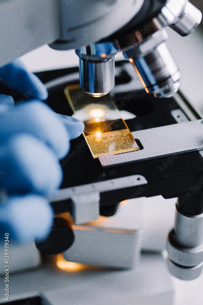 Close up view of small glass under microscope . Stock Photo | Adobe Stock