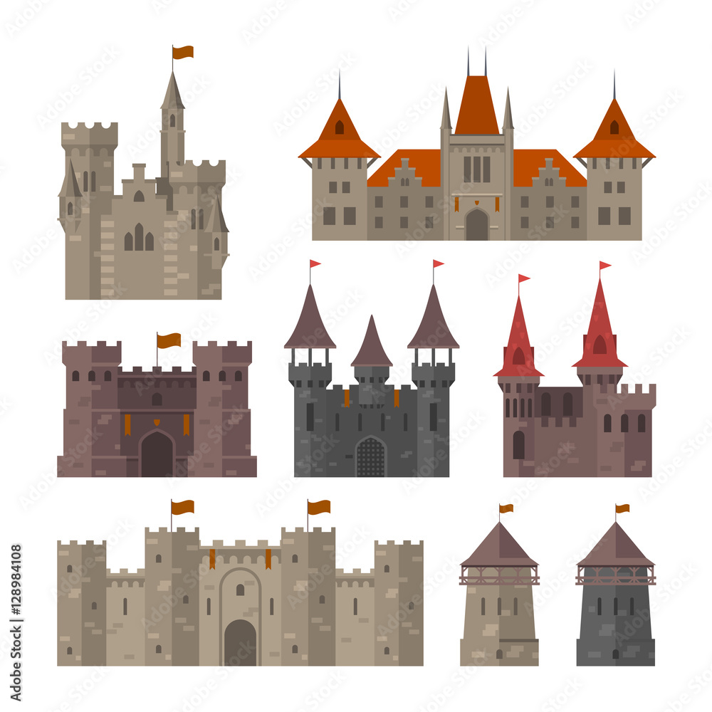 Poster Medieval castles, fortresses and strongholds with fortified wall ...