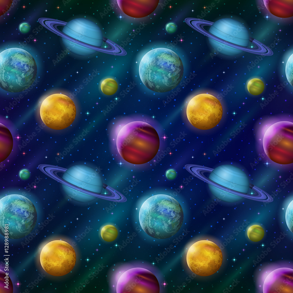 Space Seamless Background with Various Fantastic Planets and Moons ...