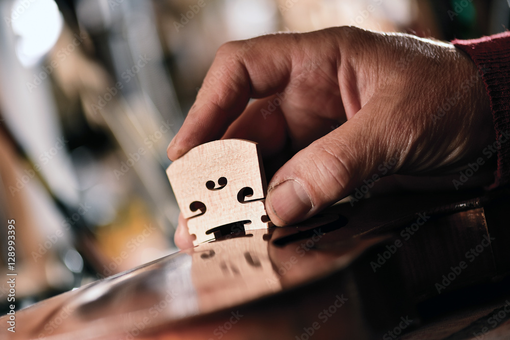 lute maker positioning bridge on violin Stock Photo | Adobe Stock