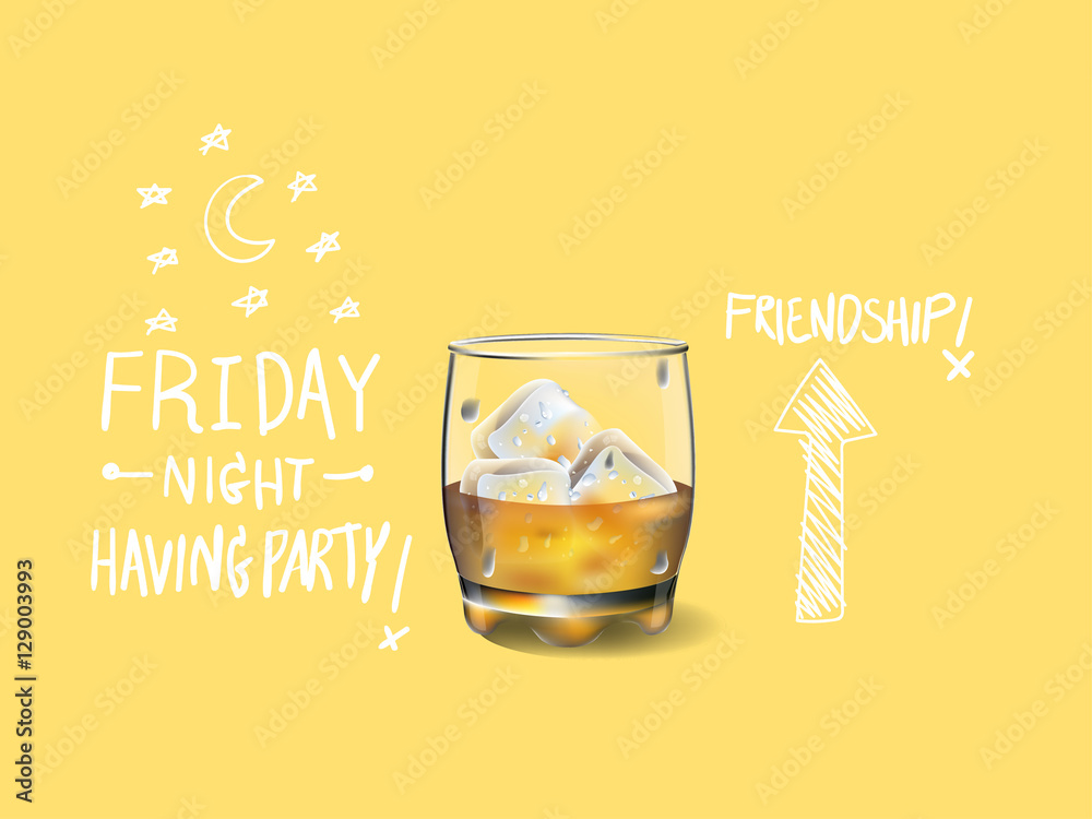 realistic illustration vector of a glass of whiskey with freehand write ...