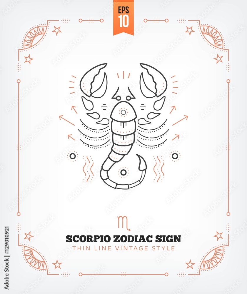 Vintage thin line Scorpio zodiac sign label. Retro vector astrological ...