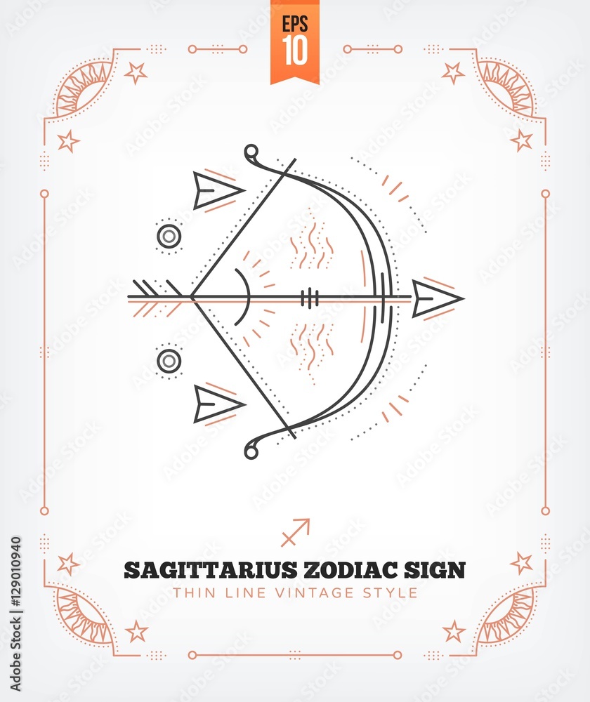 Vintage thin line Sagittarius zodiac sign label. Retro vector ...