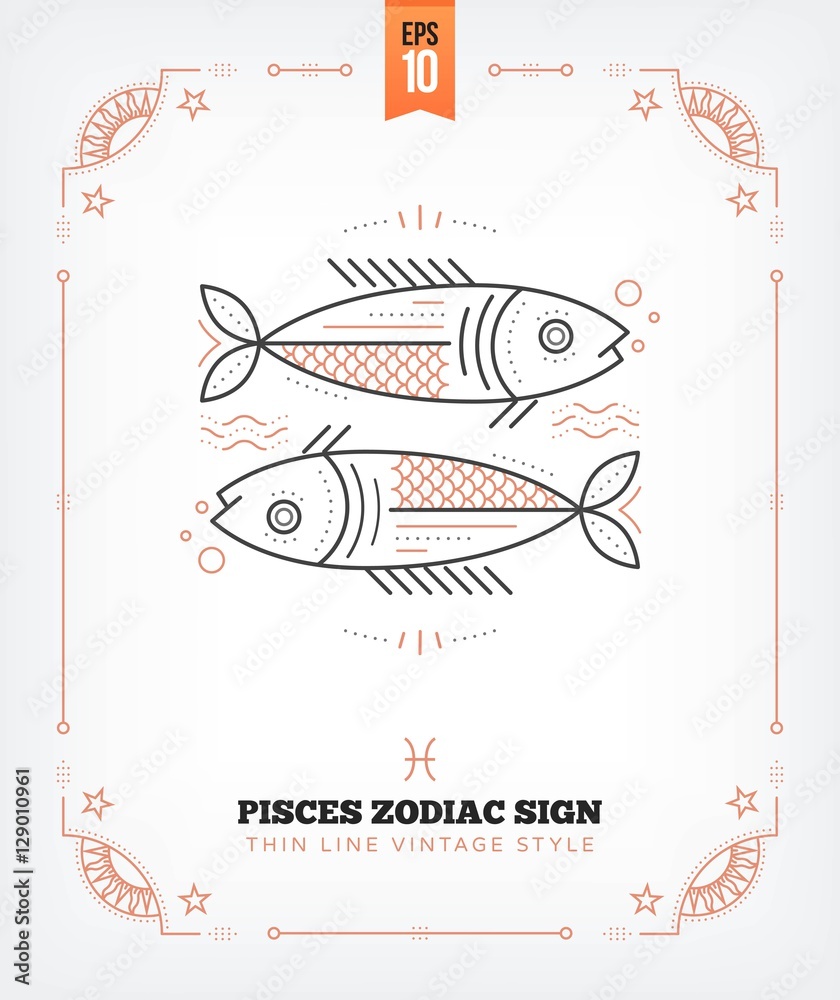 Vecteur Stock Vintage thin line Pisces zodiac sign label. Retro vector ...