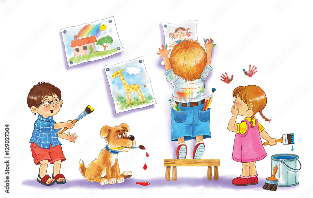 Cute boys and a girl hanging their drawings on the wall. Illustration ...