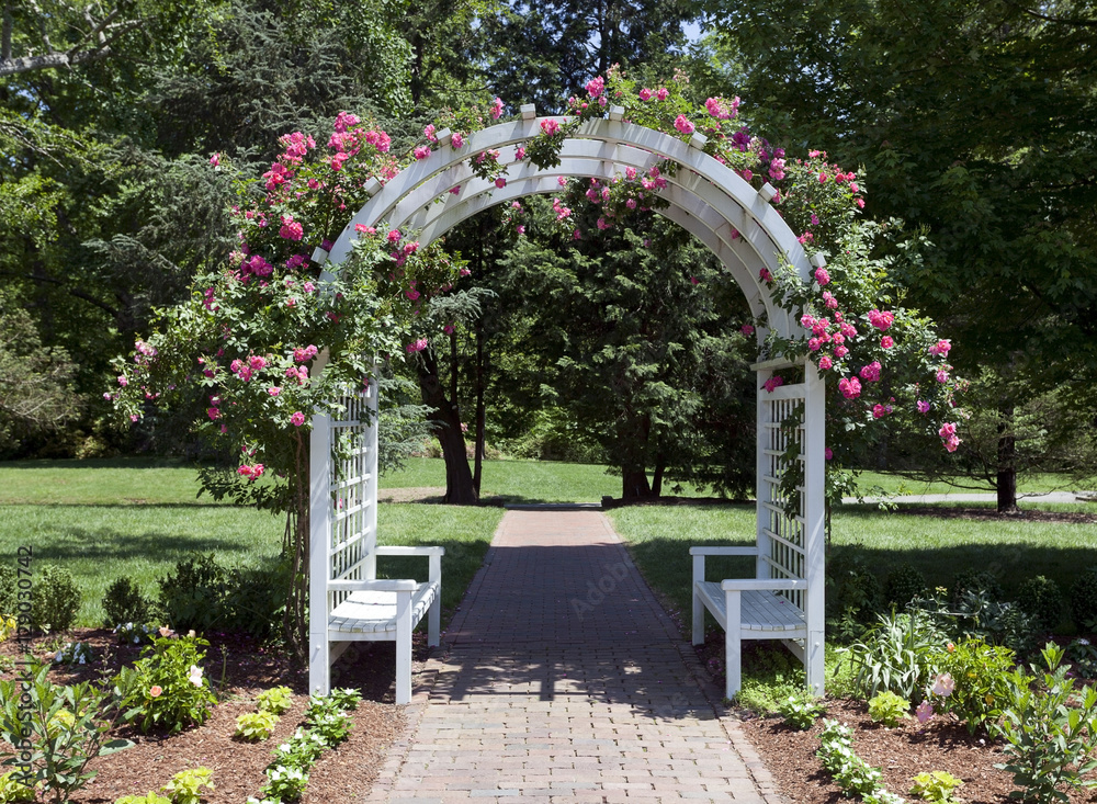 Flower trellis over brick walkway with trees in background. Horizontal ...