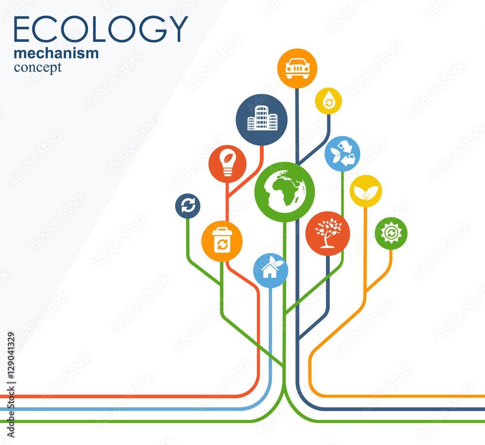Ecology mechanism concept. Abstract background with connected gears and ...