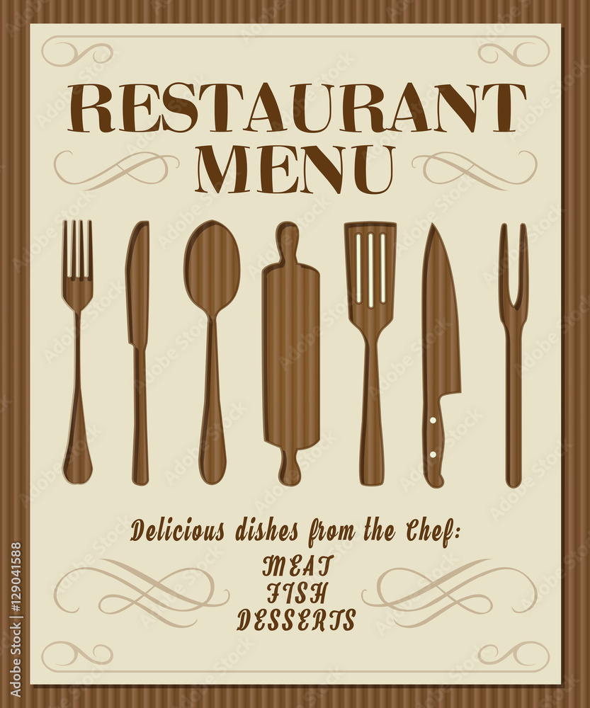 Vintage restaurant menu front page with kitchen tools and orname Stock ...