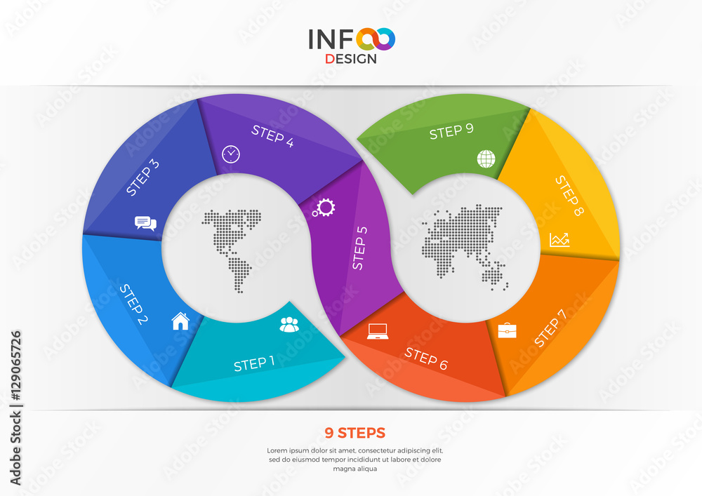 Infographic template in the form of the infinity sign with 9 steps ...