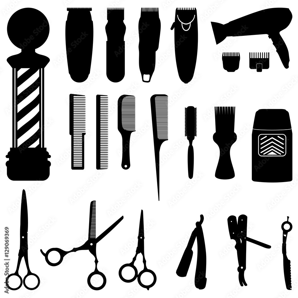 Hairdressing and Barber Shop Tools Silhouette Collection Stock Vector ...