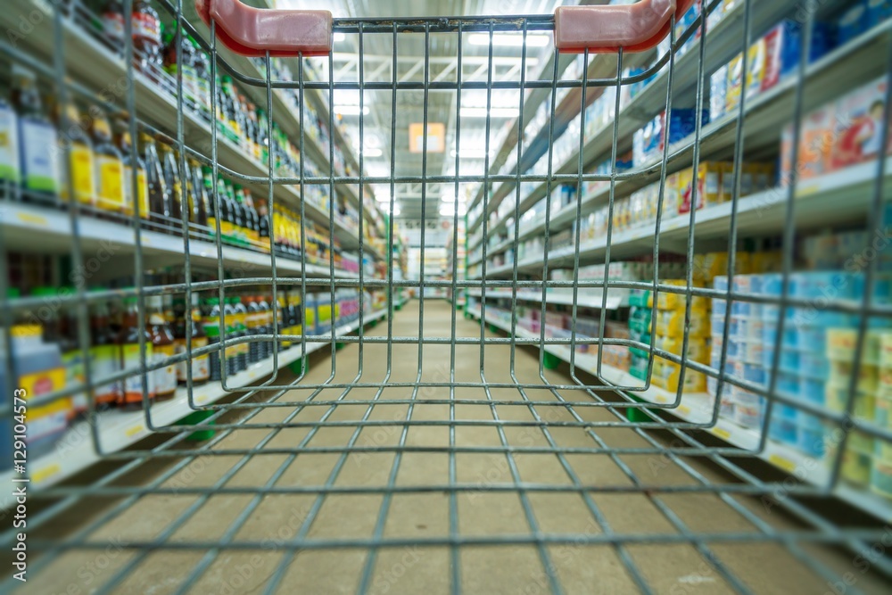 trolley in department store, Shopping cart in supermarket. empty red ...