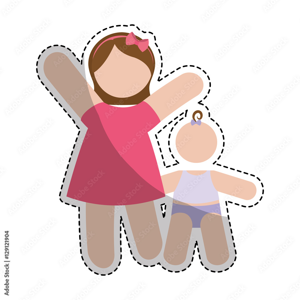 sticker of cartoon girl and baby icon over white background. colorful ...