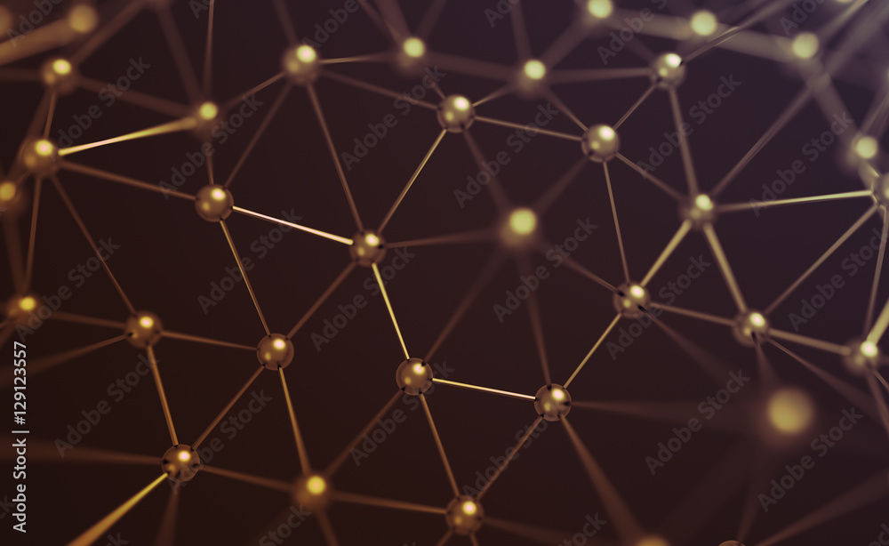 Abstract 3d rendering of chaotic structure. Plexus background with lines and spheres in empty ...