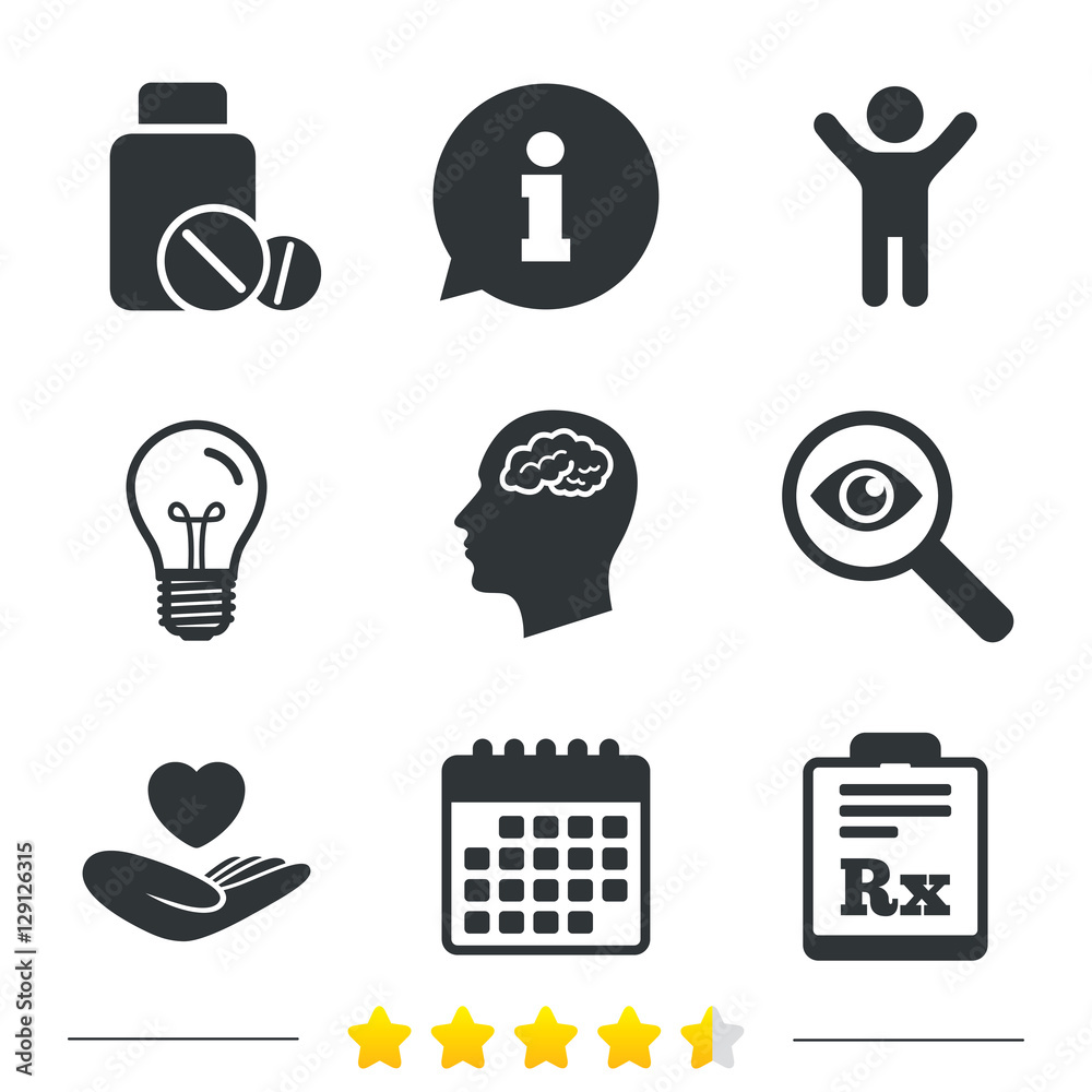 Medicine icons. Medical tablets bottle, head with brain, prescription ...