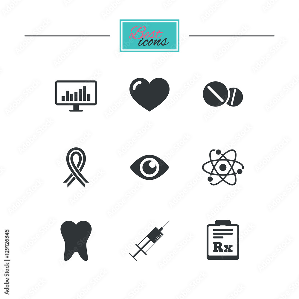 Medicine, medical health and diagnosis icons. Syringe injection, heart ...