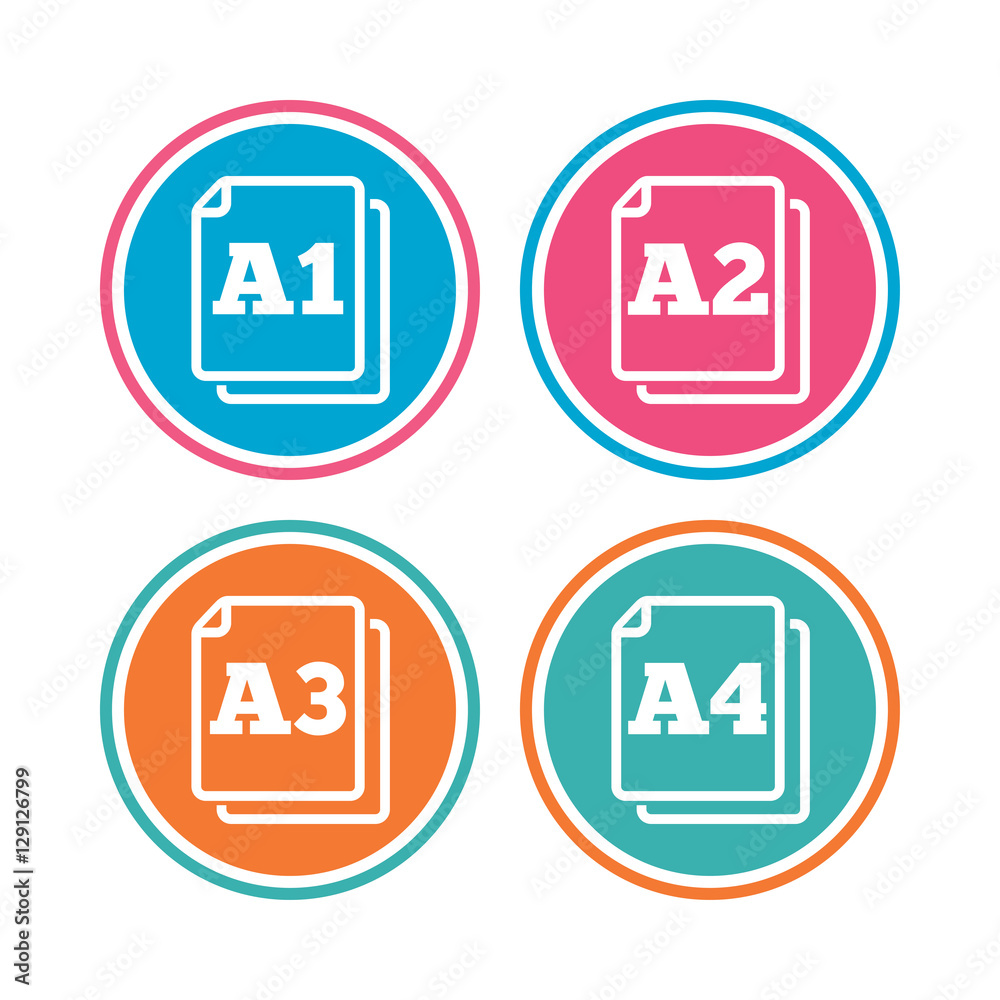 Paper size standard icons. Document symbols. A1, A2, A3 and A4 page ...