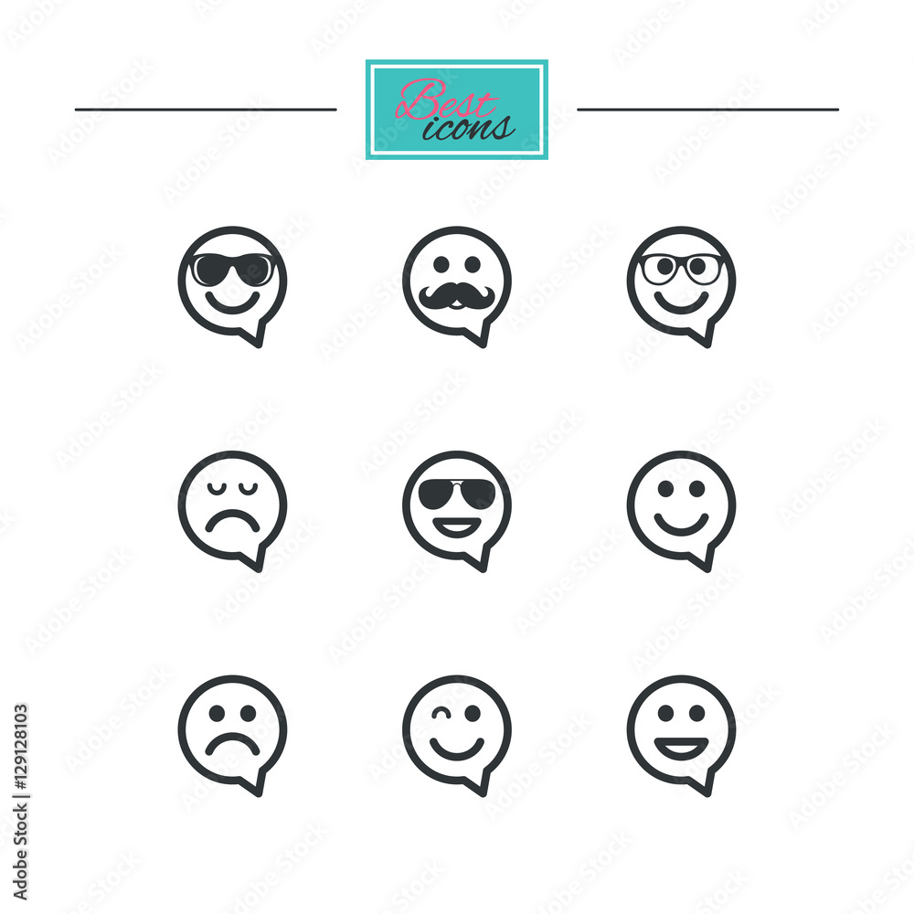 Smile speech bubbles icons. Happy, sad and wink faces signs. Sunglasses ...