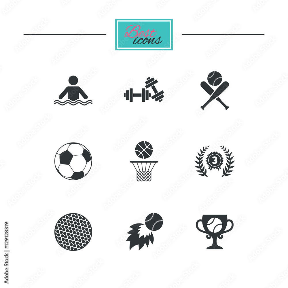 Sport games, fitness icons. Football, basketball and baseball signs ...
