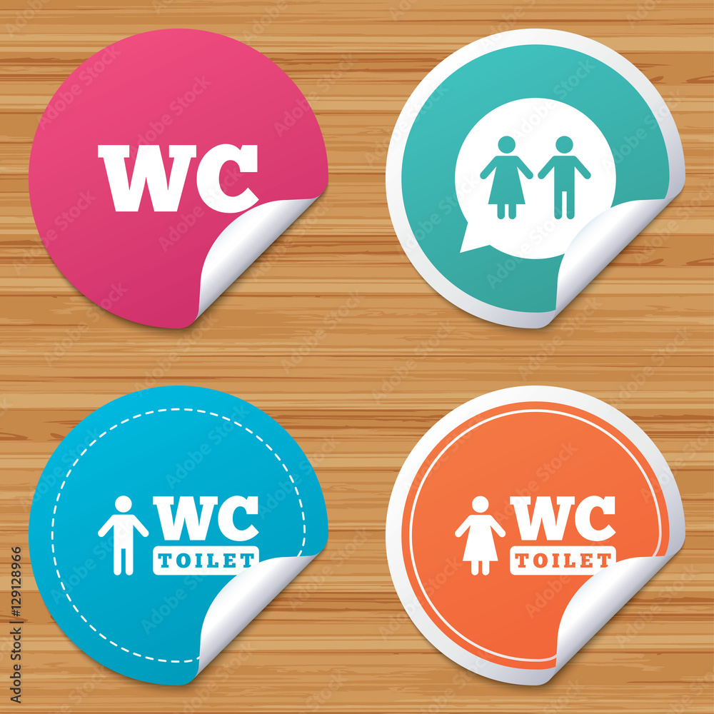 Round stickers or website banners. WC Toilet icons. Gents and ladies ...