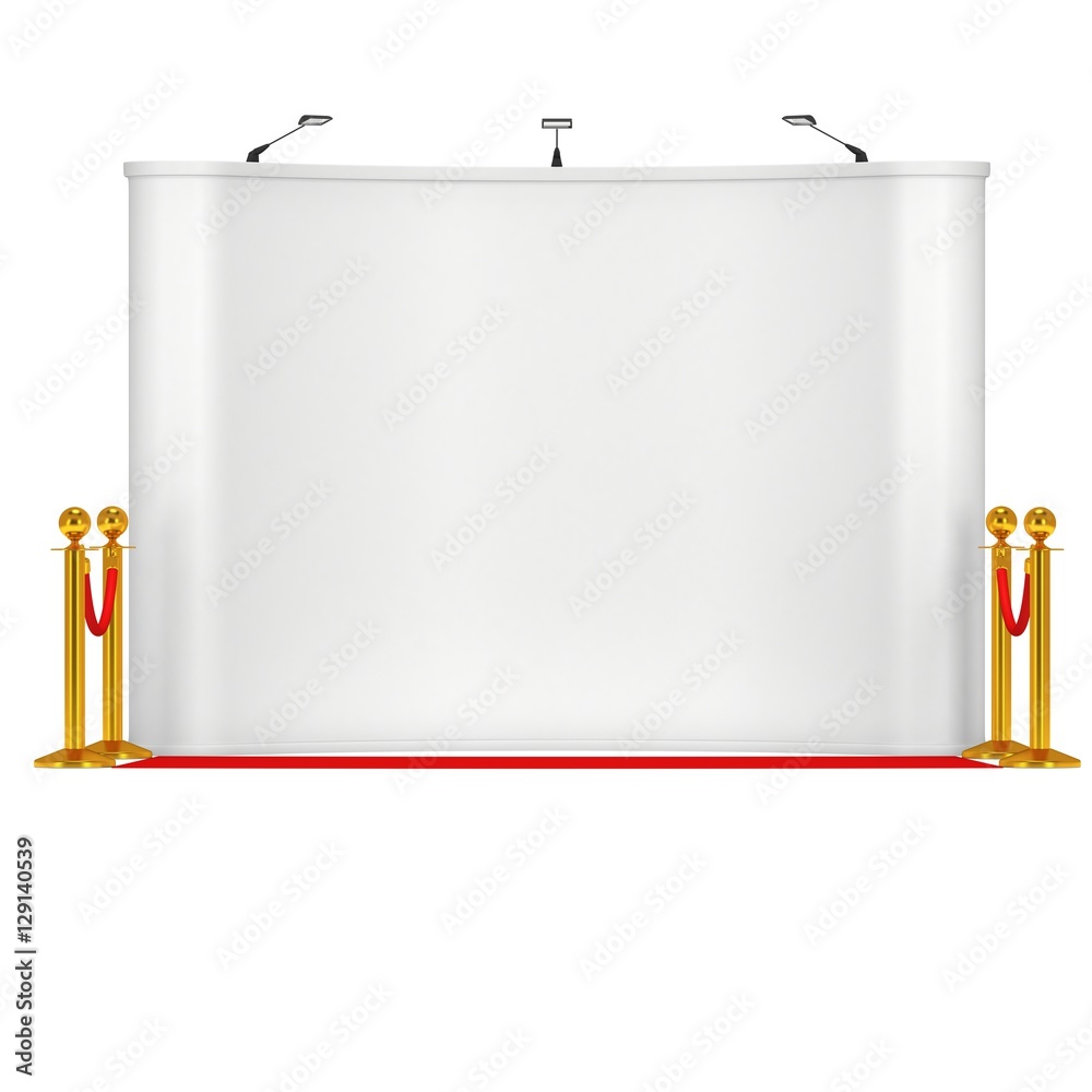 Trade show booth white and blank with silver rope barrier and red ...