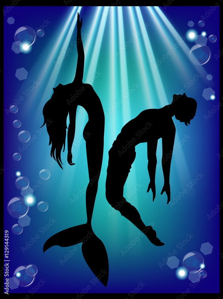 Mermaid silhouette and men in the underwater world Stock Vector | Adobe ...