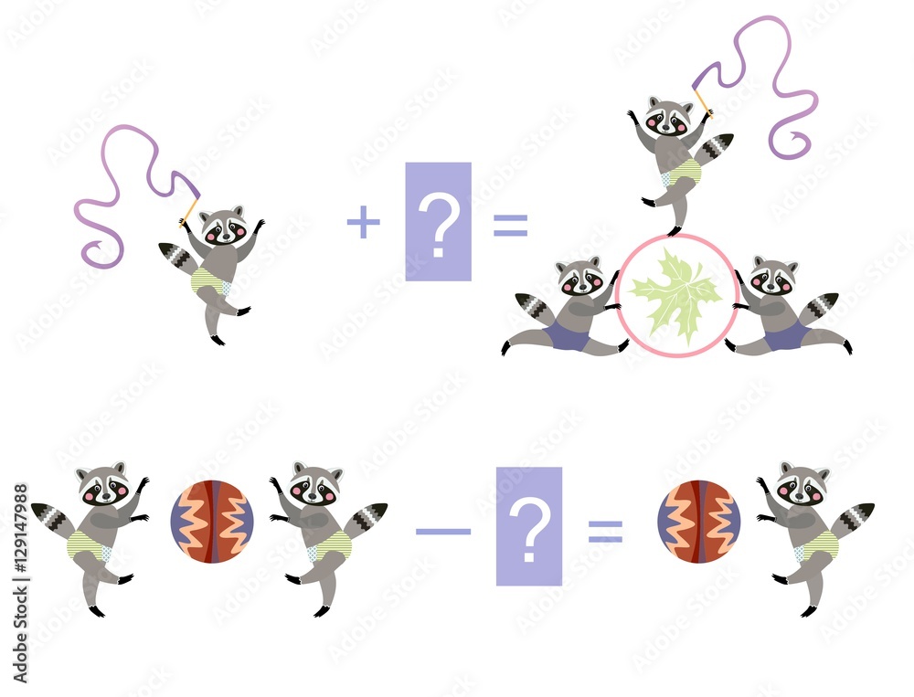 Magic math with cute raccoons. Educational game for children. Cartoon ...