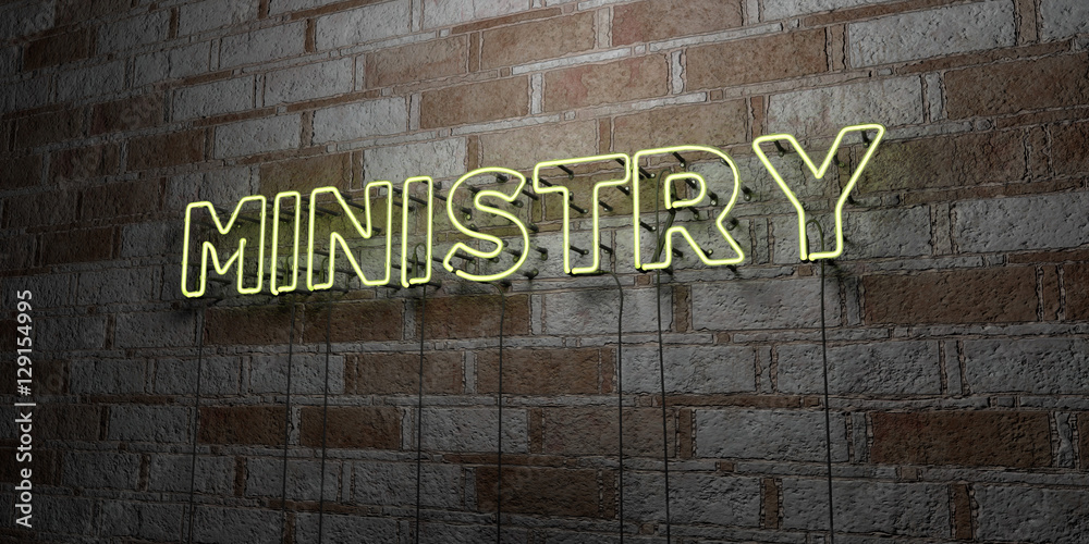 MINISTRY - Glowing Neon Sign on stonework wall - 3D rendered royalty ...