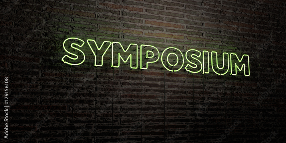 SYMPOSIUM -Realistic Neon Sign on Brick Wall background - 3D rendered ...