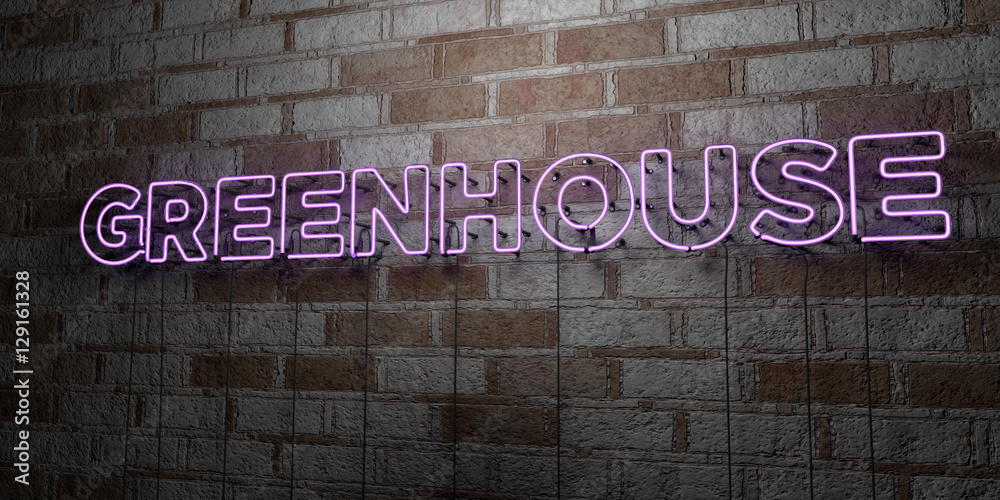 GREENHOUSE - Glowing Neon Sign on stonework wall - 3D rendered royalty ...
