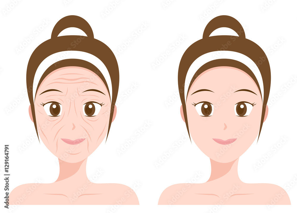vector portrait, woman face, before and after aging, skin care ...