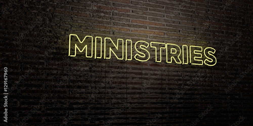 MINISTRIES -Realistic Neon Sign on Brick Wall background - 3D rendered ...