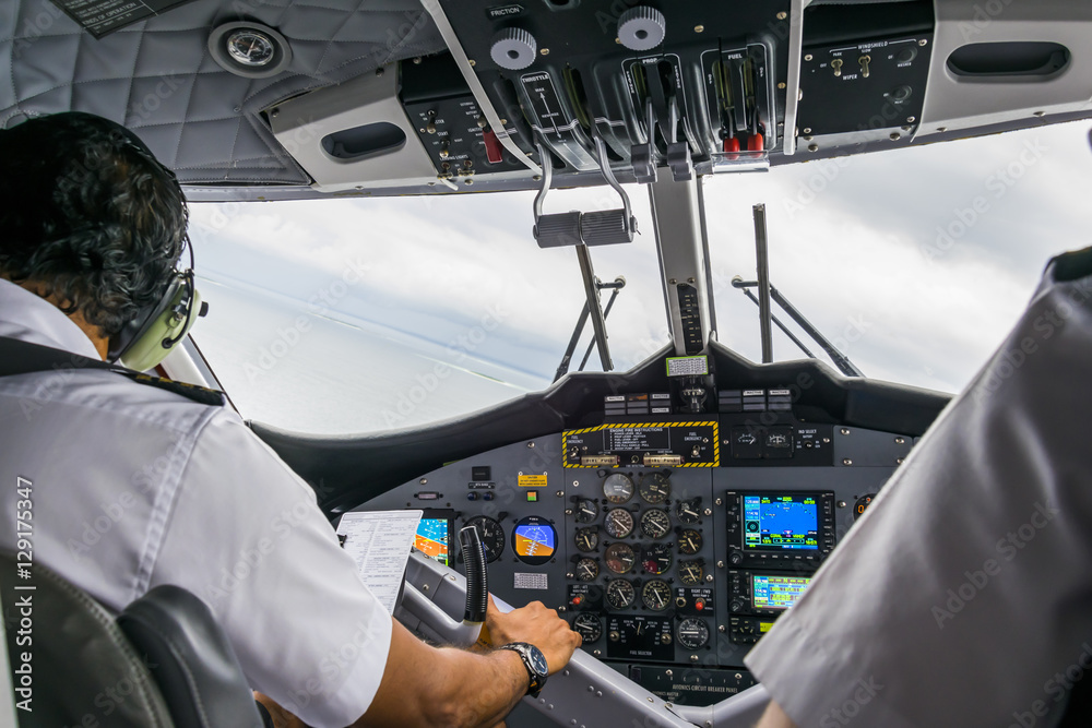 Interior details of a water plane with pilot and co pilot on board ...