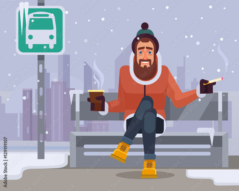 Man character waiting for bus. Vector flat cartoon illustration Stock ...