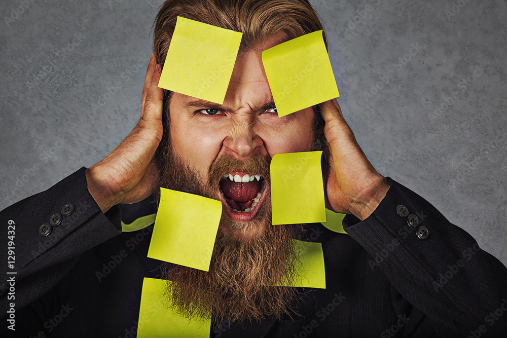 overwhelmed business man screaming stressed hands on head full of ...