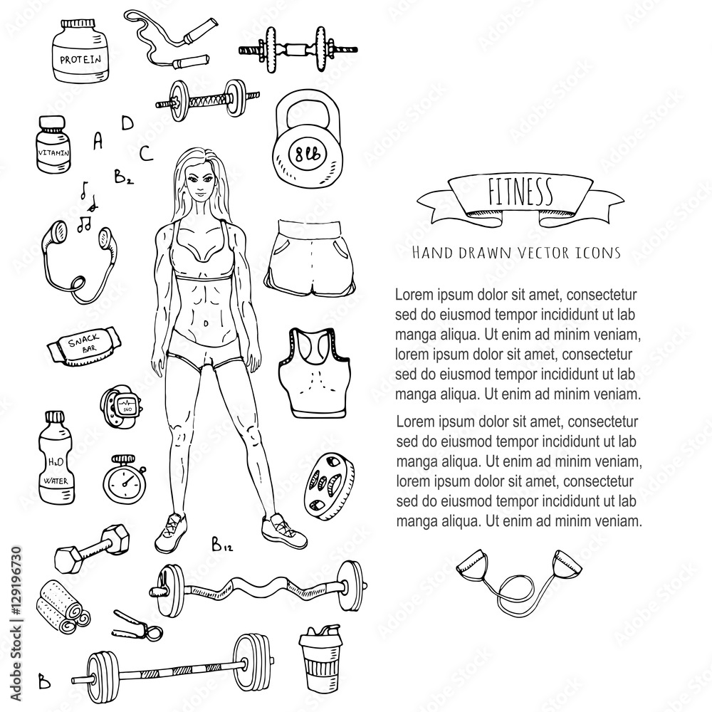 Hand drawn doodle fitness icons set. Vector illustration. Sport symbol ...