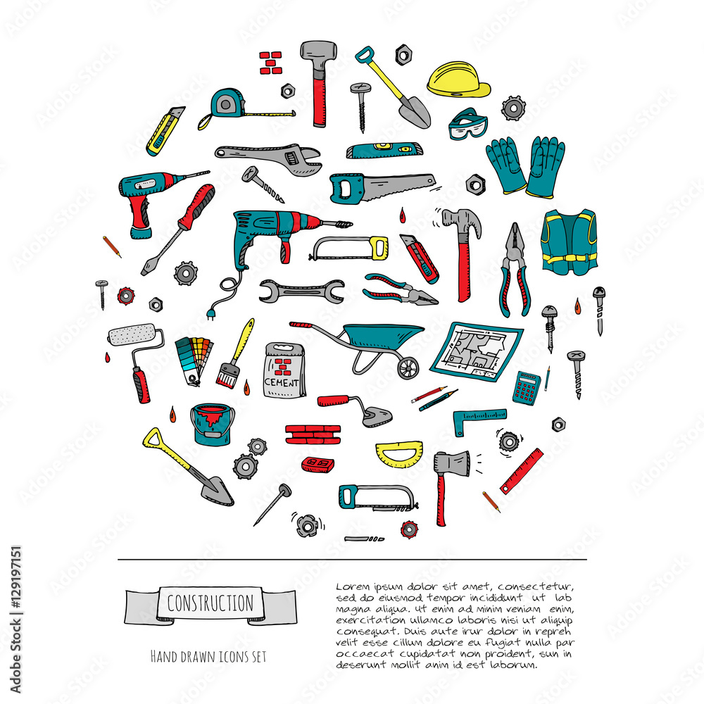 Hand drawn doodle Construction tools set Vector illustration building ...