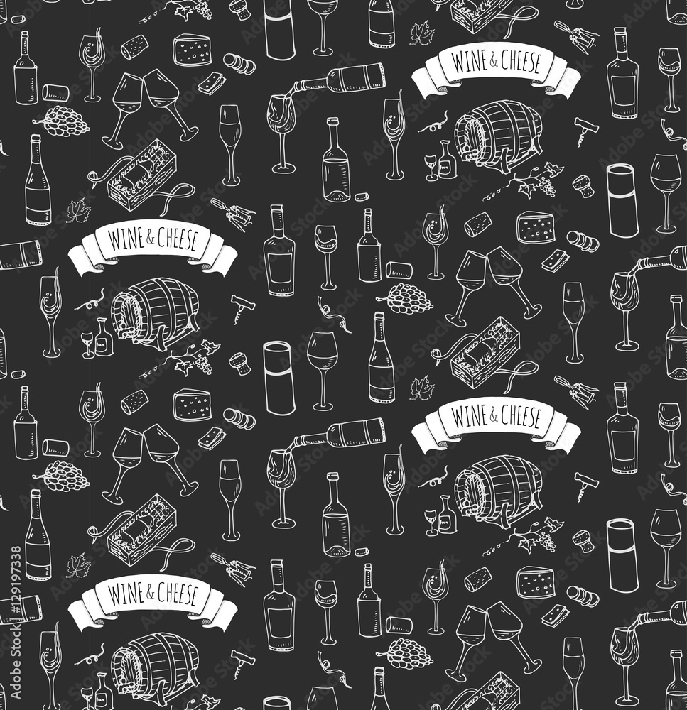 Seamless background hand drawn wine set icons Vector illustration ...