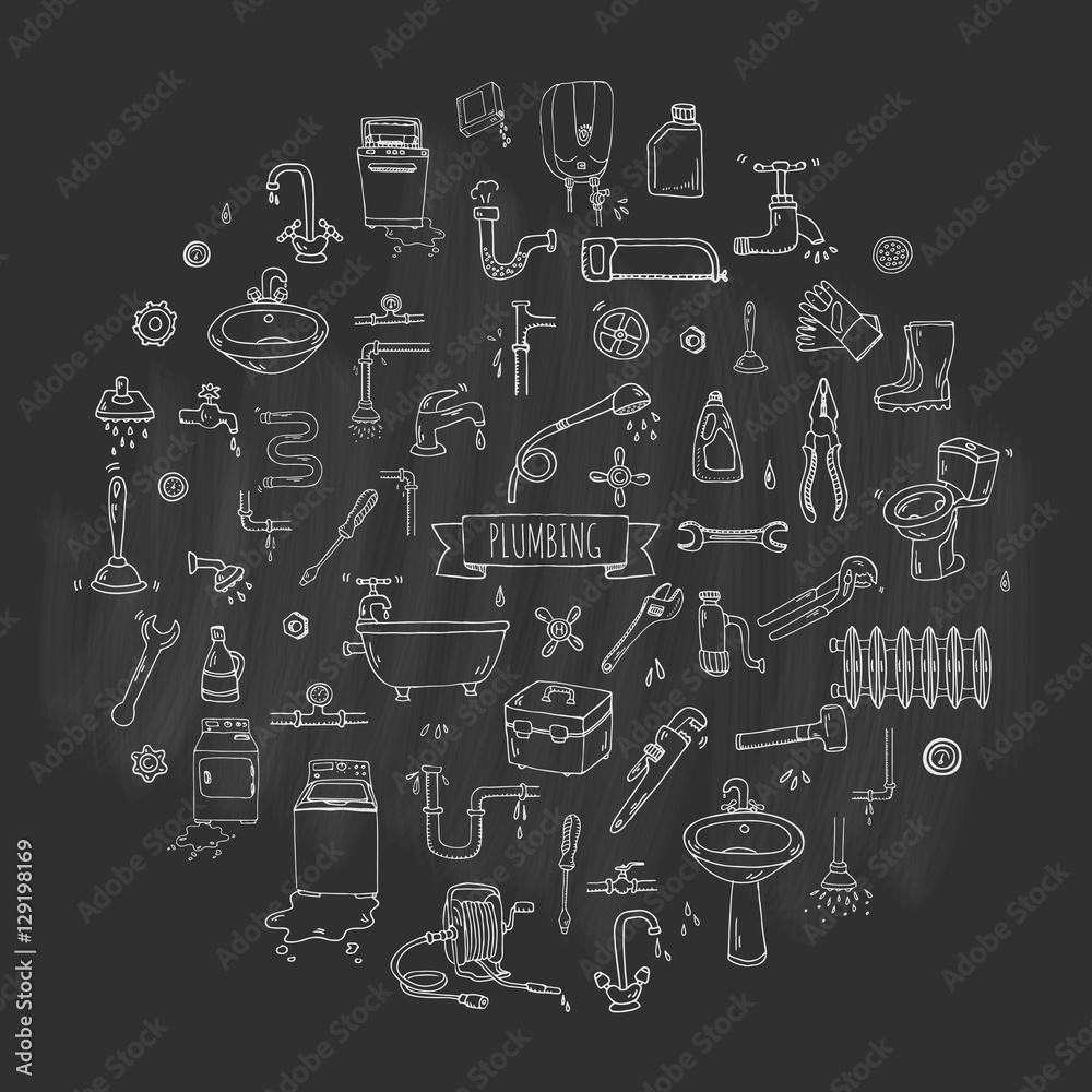 Hand drawn doodle Plumbing icons set. Vector illustration. Plumber ...