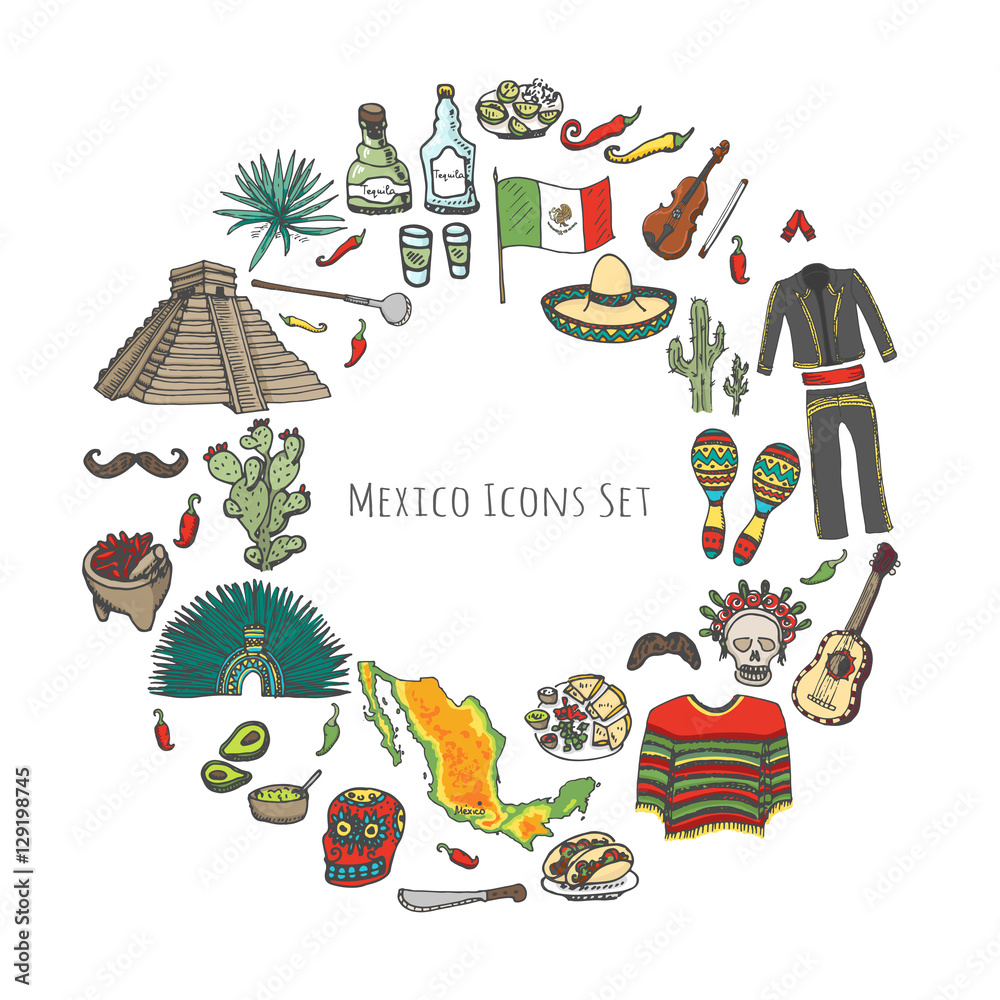 Hand drawn doodle Mexico set Vector illustration Sketchy mexican food ...