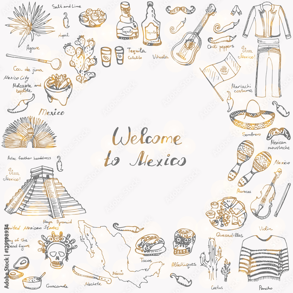 Hand drawn doodle Mexico set Vector illustration Sketchy mexican food ...