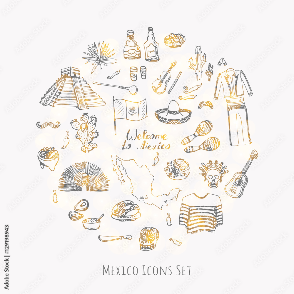 Hand drawn doodle Mexico set Vector illustration Sketchy mexican food ...