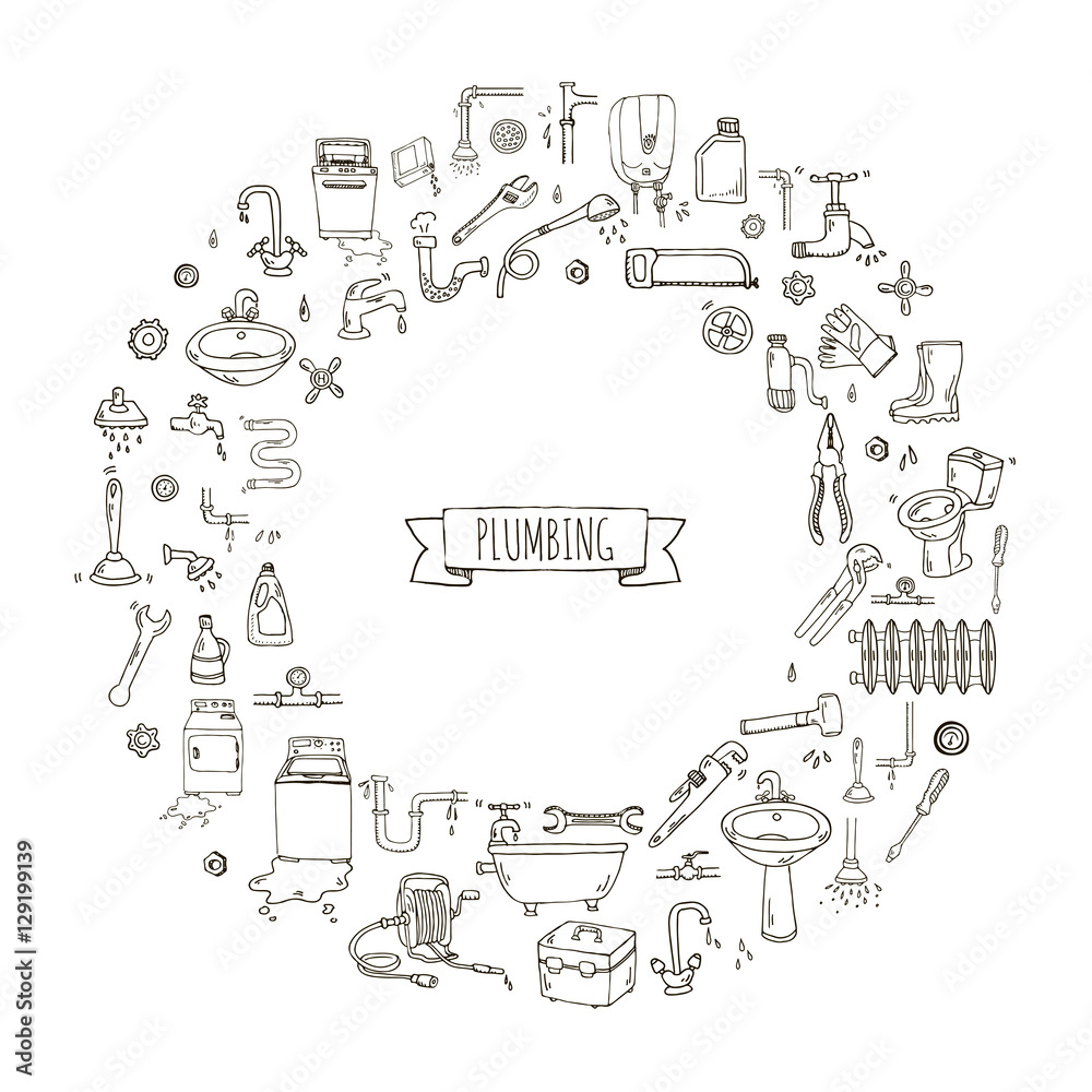 Hand drawn doodle Plumbing icons set. Vector illustration. Plumber ...