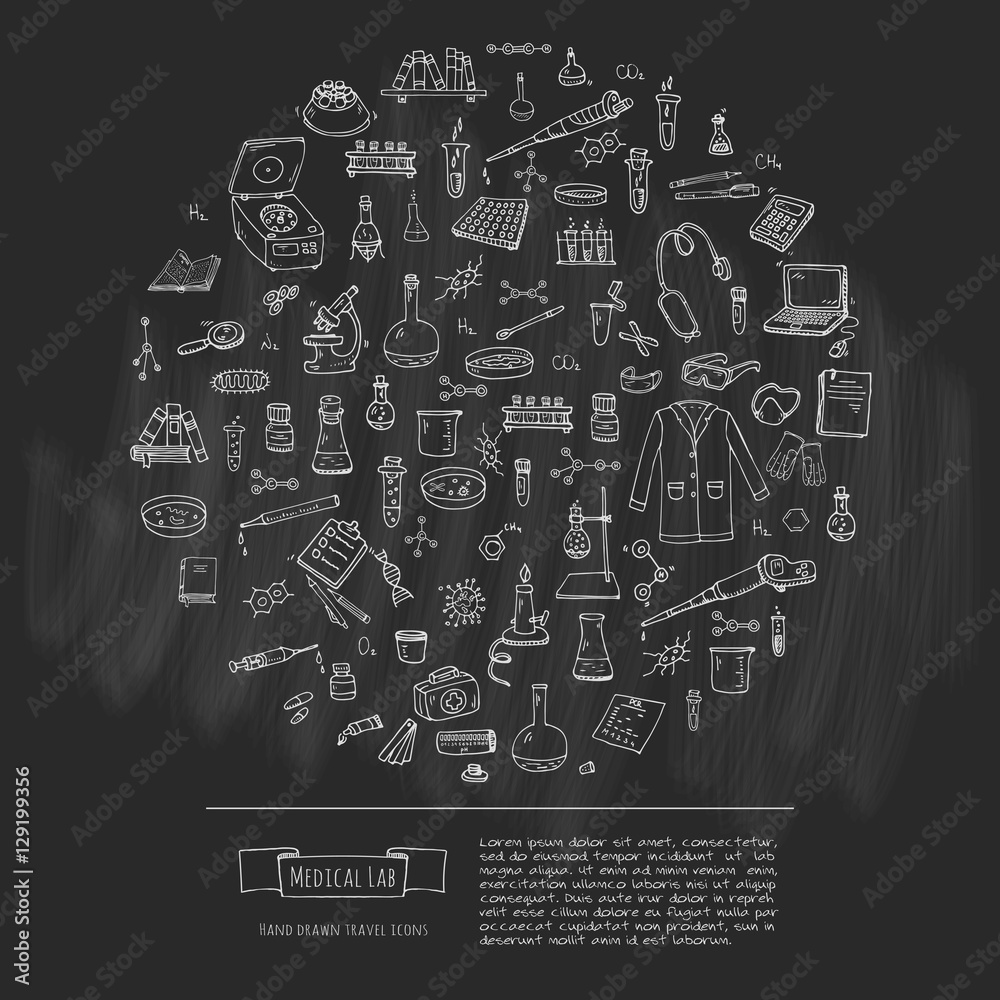 Hand drawn doodle Medical laboratory icons set. Vector illustration ...