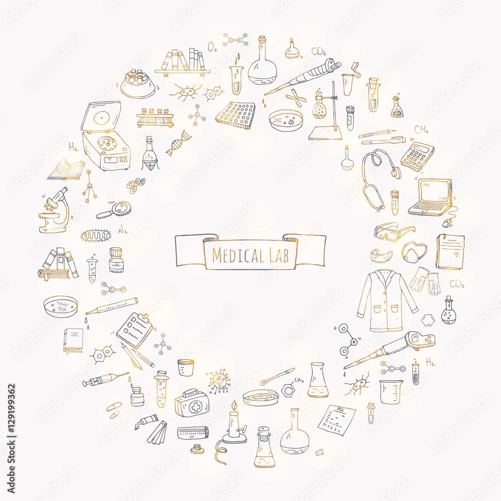 Hand drawn doodle Medical laboratory icons set. Vector illustration ...