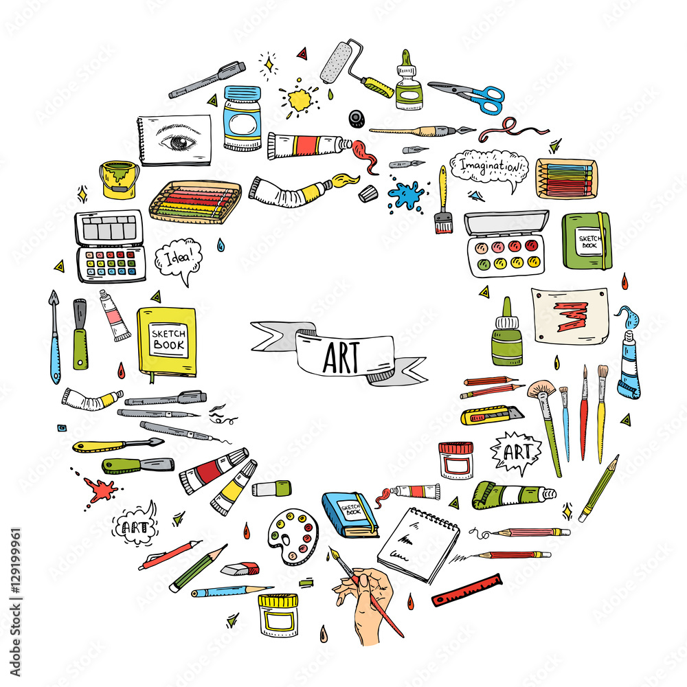 Hand drawn doodle Art and Craft tools icons set Vector illustration art ...