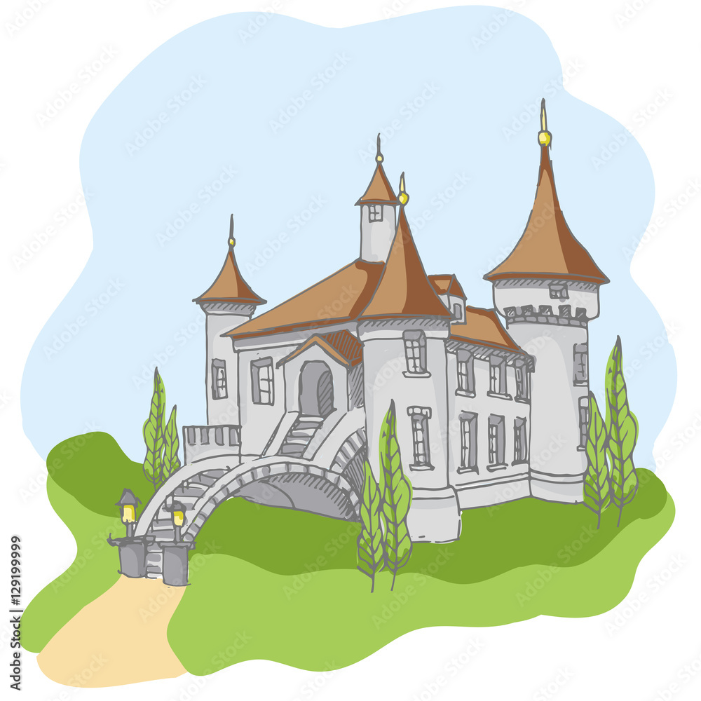Hand drawn doodle cartoon fairy tale castle building icon. Vector ...