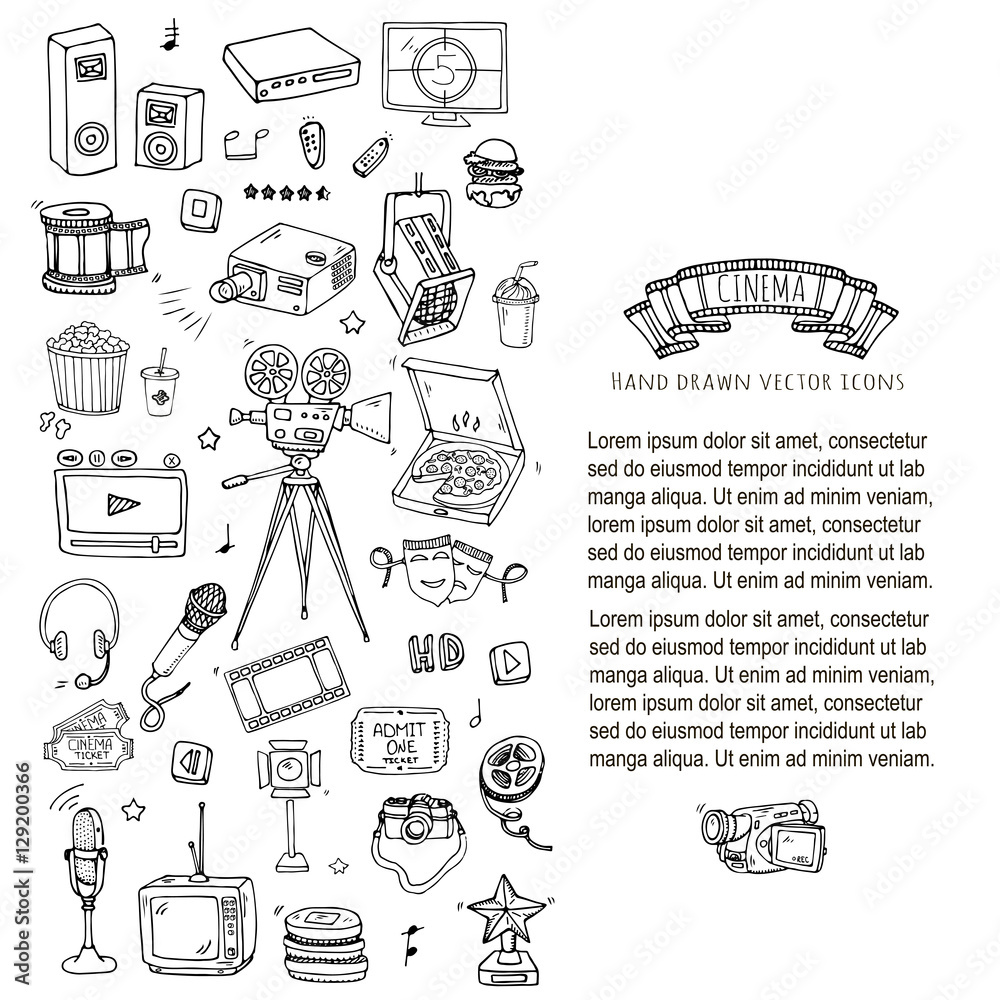 Hand drawn doodle Cinema set. Vector illustration. Movie making icons ...