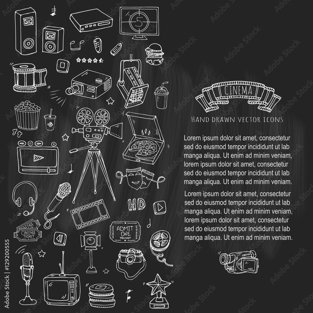 Hand drawn doodle Cinema set. Vector illustration. Movie making icons ...